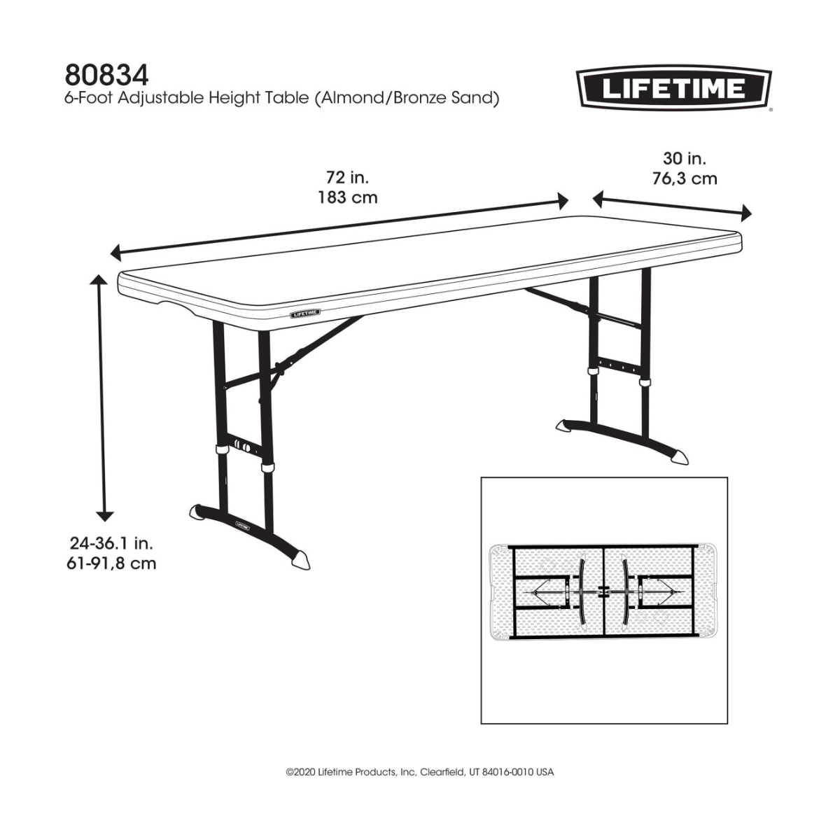 Table pliante banquet 183 x 76 cm - Hauteur Réglable HDPE blanc