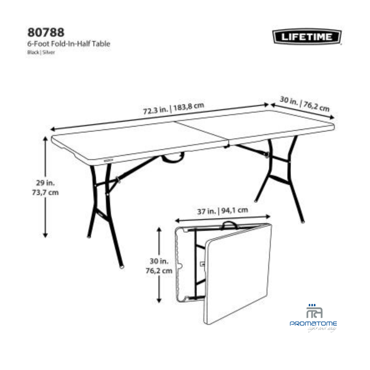 Table rectangulaire pliante en Mallette ,183 x 76 cm, HDPE Noir